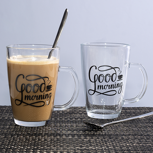 (2) Glass "Good Morning" Coffee Mugs - 300ml|Table Charm Direct