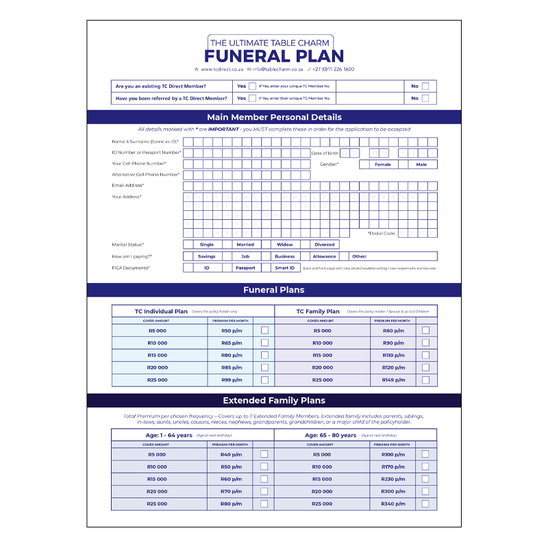 (10) TC Funeral Plan Application Forms|Table Charm Direct